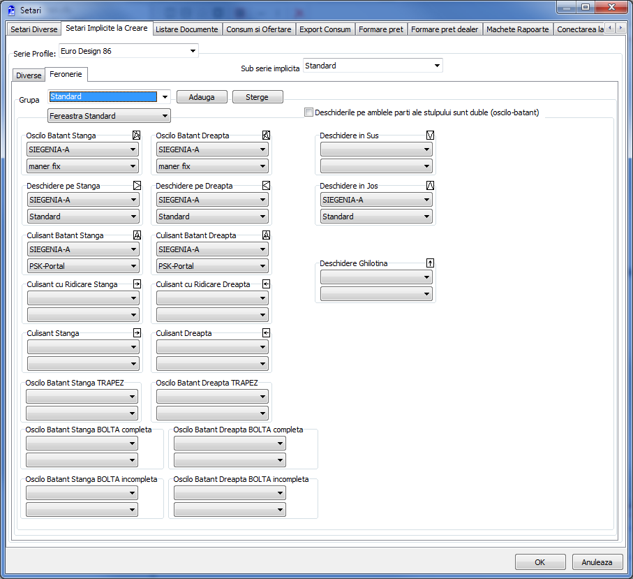 Setari implicite la creare