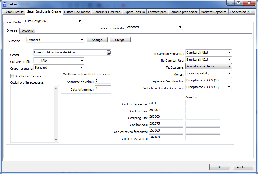 Setari implicite la creare